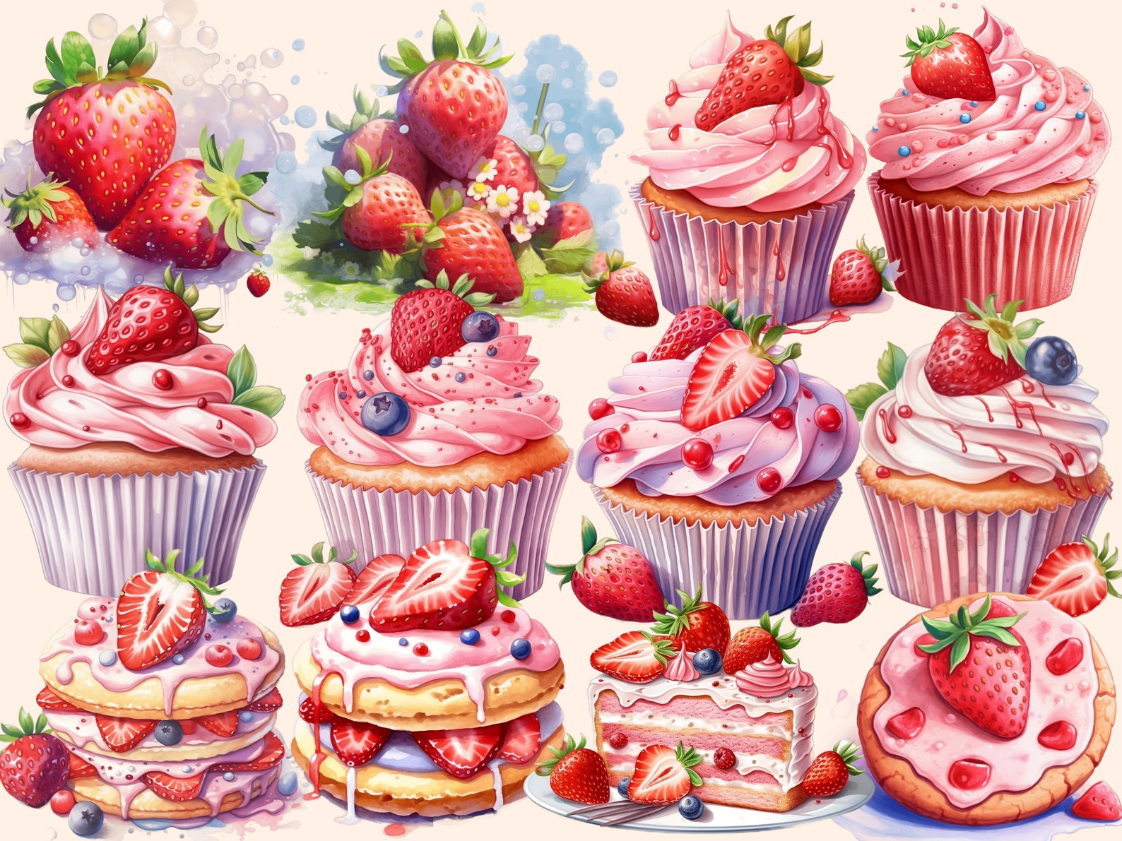 Strawberries Watercolor Clipart Bundle 78 PNG Images of - Etsy