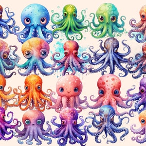 Octopuses Watercolor Clipart Bundle - 106 PNG Octopus Images, Beautiful ...