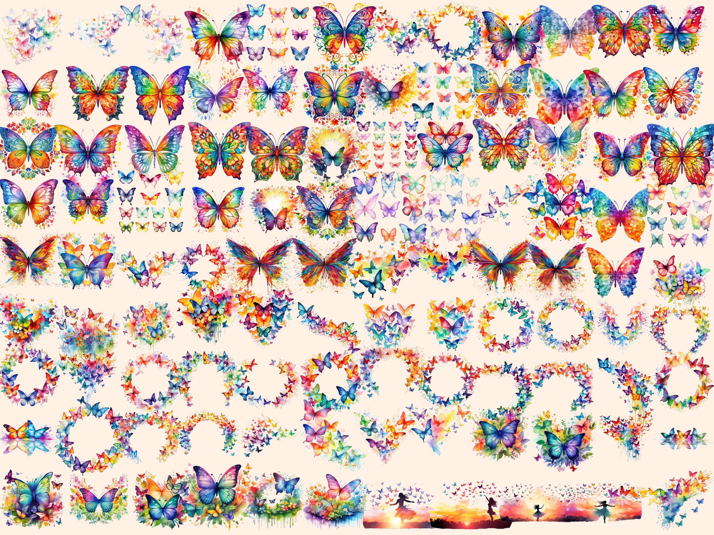 Rainbow Butterflies Watercolor Clipart Bundle: 461 PNG Images (digital ...
