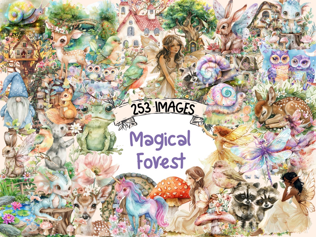 Magical Forests Watercolor Clipart Bundle 253 PNG Enchanted Woodland ...