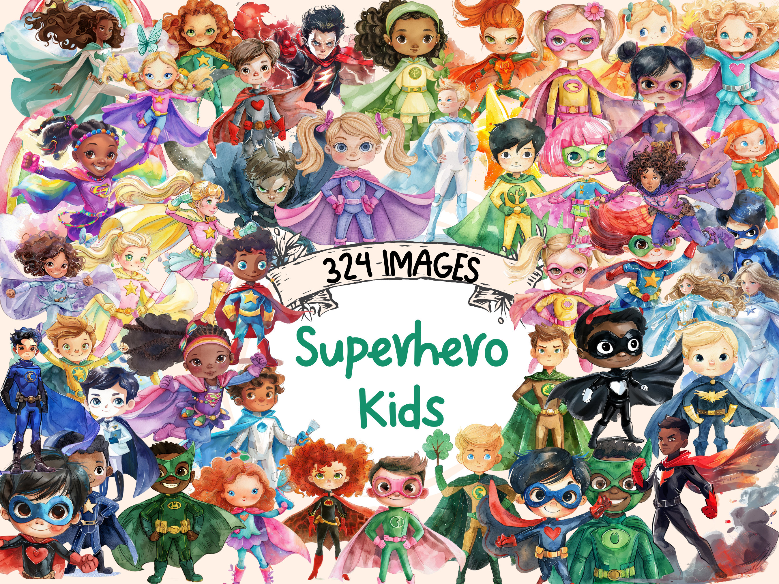 Watercolor Superhero Kids Clipart Bundle: 324 PNG Images (digital ...
