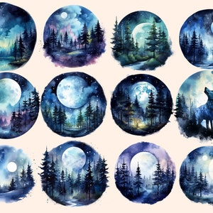 Forest Moons Watercolor Clipart Bundle - 70 PNG Mystical Woodland ...