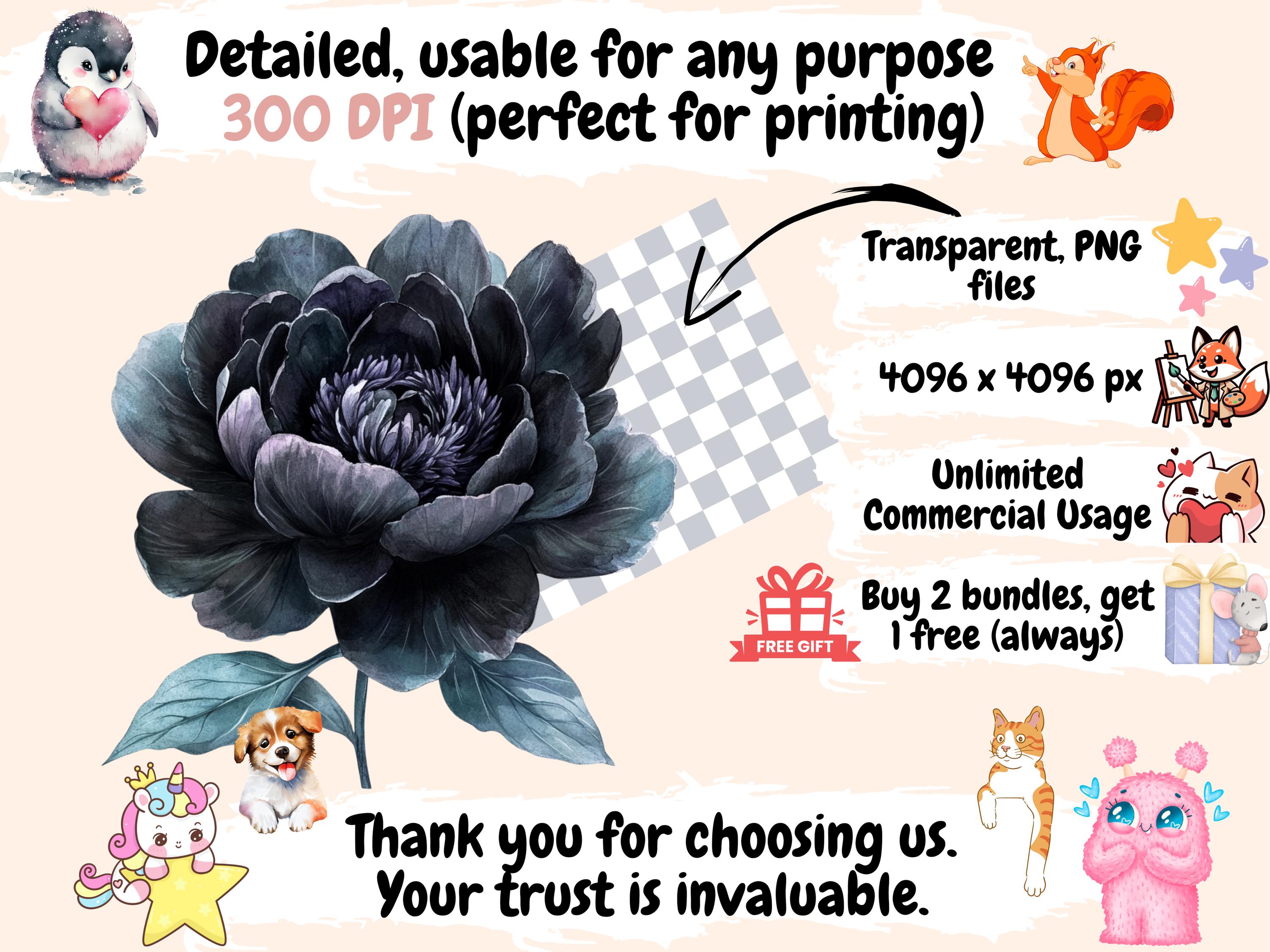 Black Peony Watercolor Clipart Bundle: Dark Floral PNG Images ...