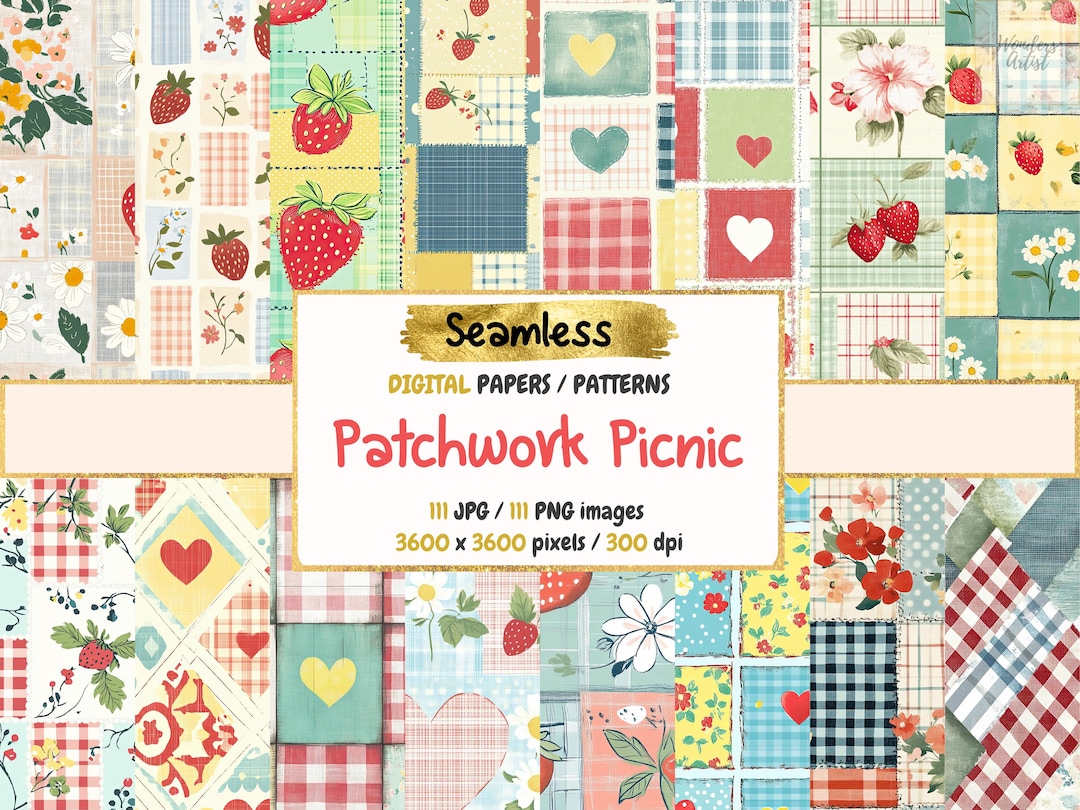 Patchwork Picnic Digital Paper: Seamless Quilted Patterns (commercial ...