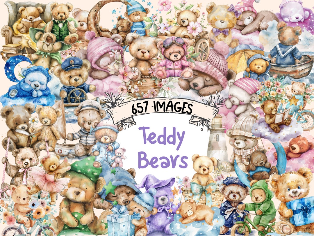 Watercolor Teddy Bear Clipart Bundle: 657 PNG Images (digital Download ...