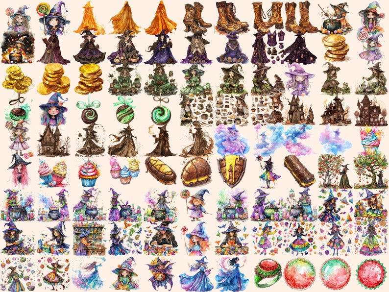 Candy Witches Watercolor Clipart Bundle: 636 PNG Halloween Sorceress ...