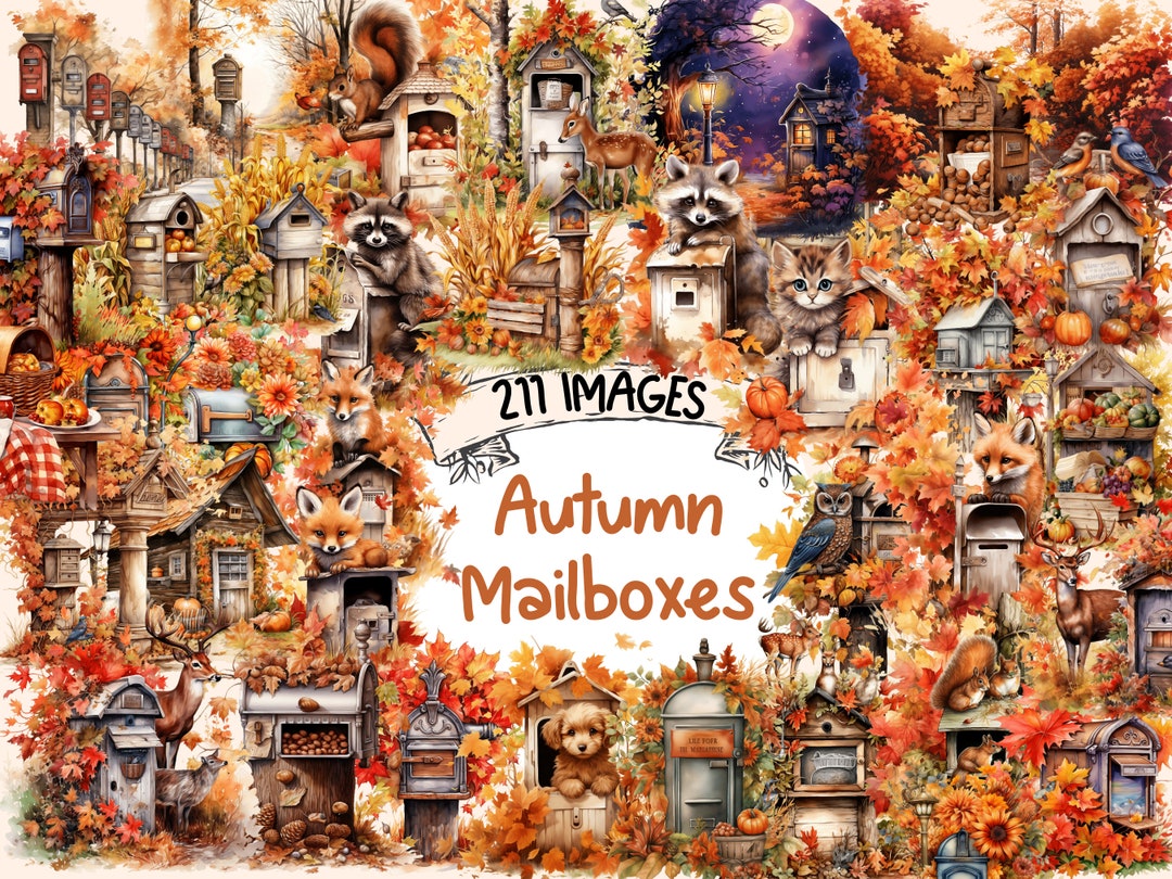 Autumn Mailboxes Watercolor Clipart Bundle - 211 PNG Fall Mailbox ...