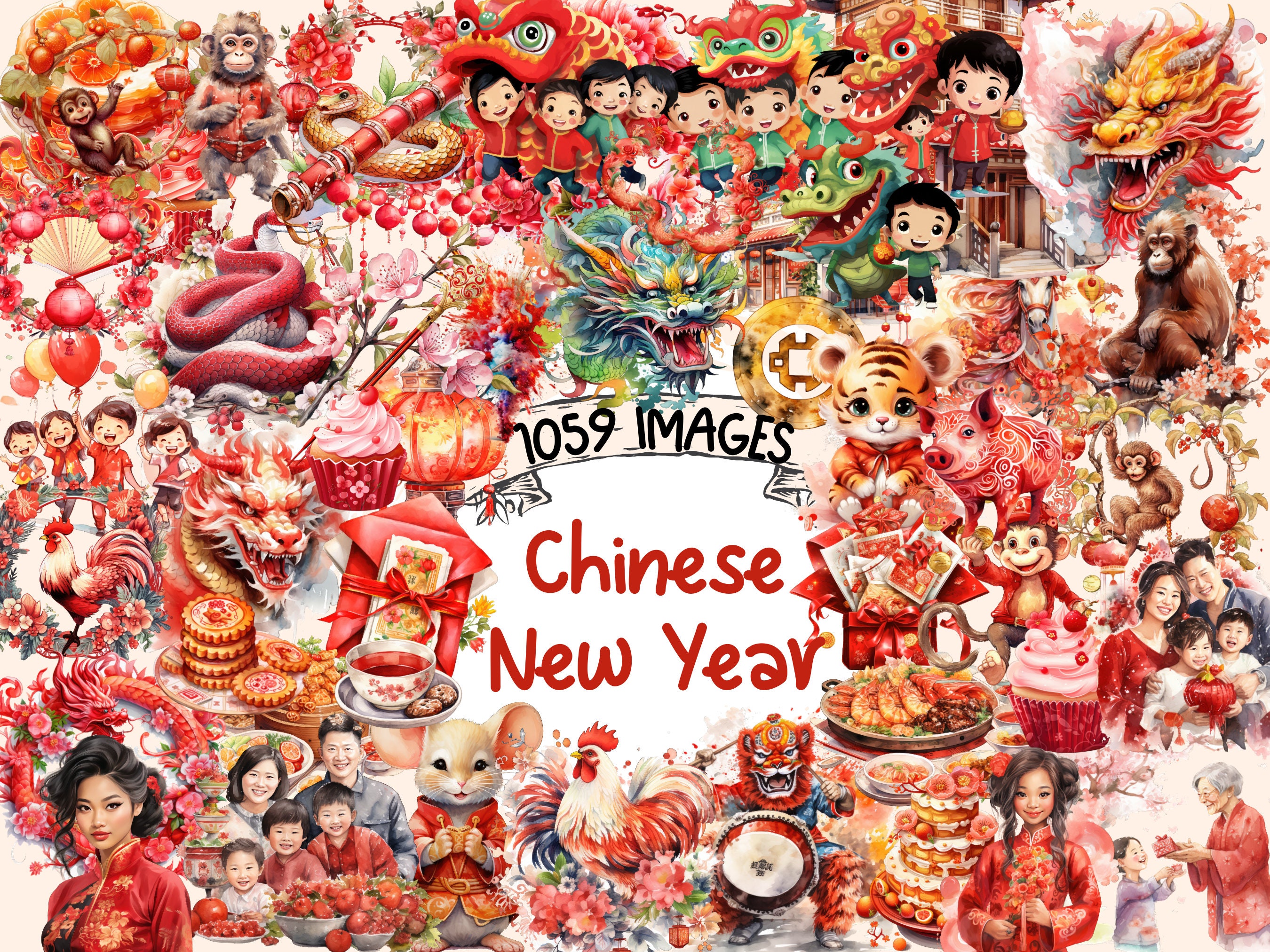 Chinese New Year Watercolor Clipart Bundle: Festive PNG Images (digital ...