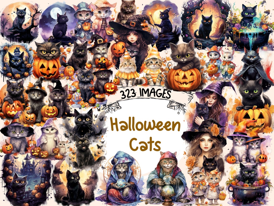 Halloween Cats Watercolor Clipart Bundle - 323 PNG Spooky Cat Images ...