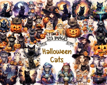 Halloween Cats Watercolor Clipart Bundle 100 PNG Spooky Cat Images ...