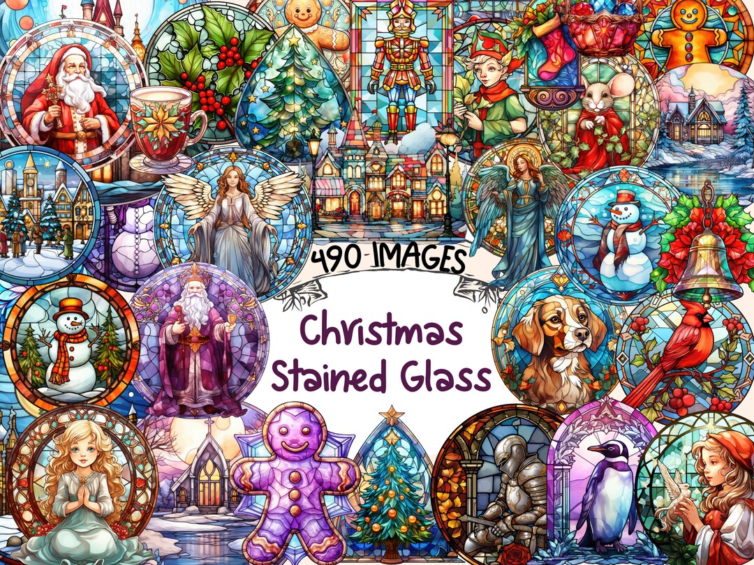 Christmas Stained Glass Clipart: 490 Festive Watercolor PNG Images ...