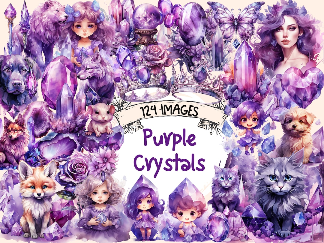 Purple Crystals Watercolor Clipart Bundle - 124 PNG Crystal Images ...