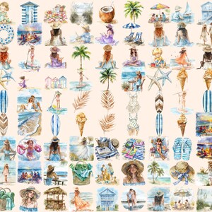 Beach Day Watercolor Clipart Bundle: 213 Summer Seaside PNG Graphics ...