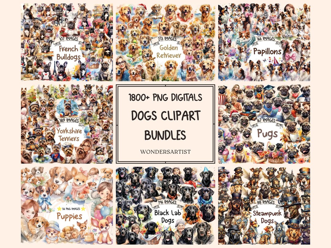 Dogs Clipart Watercolor Bundles - 1800+ PNG Puppy Graphics, Cute Pet ...