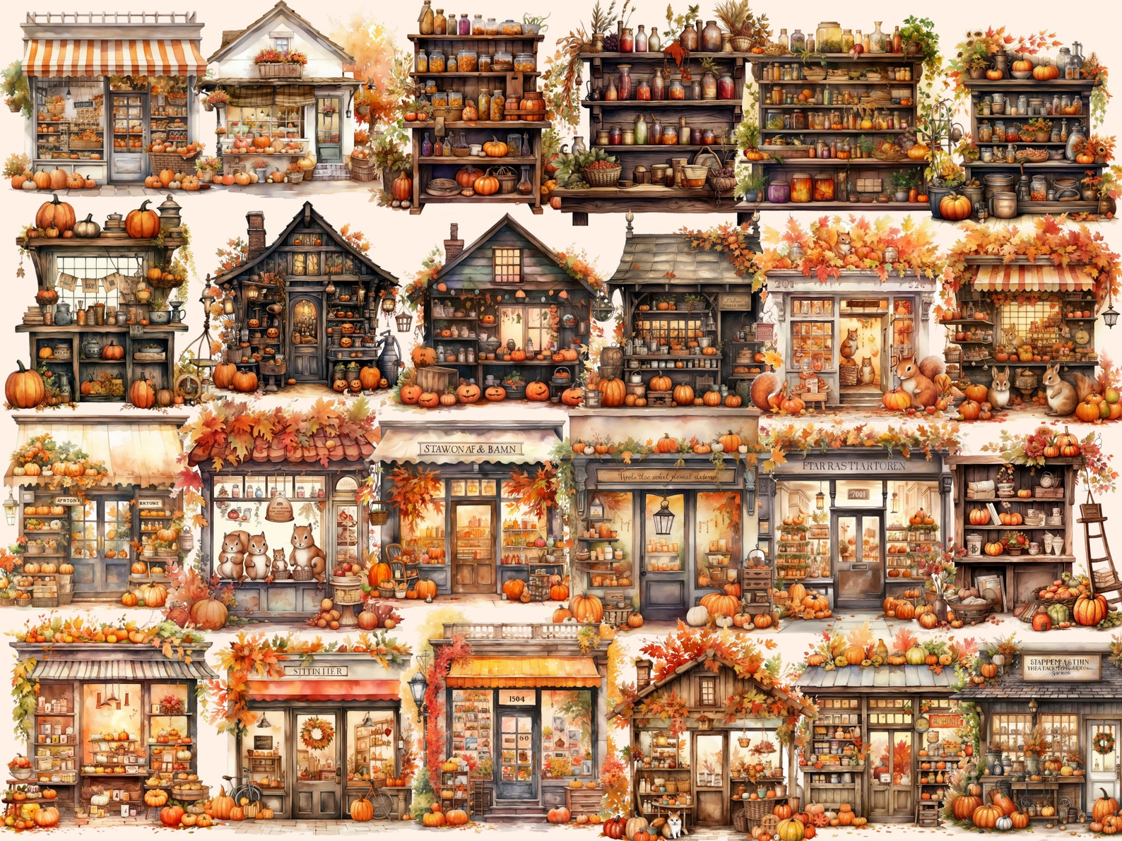 Watercolor Autumn Storefront Clipart Bundle: 128 Fall Shop PNG Graphics ...