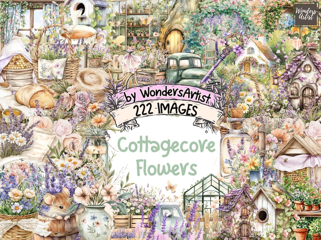 Cottagecore Flowers Watercolor Clipart: 222 Rustic Floral PNG Graphics ...
