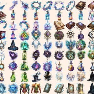 Magical Items Watercolor Clipart Bundle - 523 PNG Enchanted Object ...