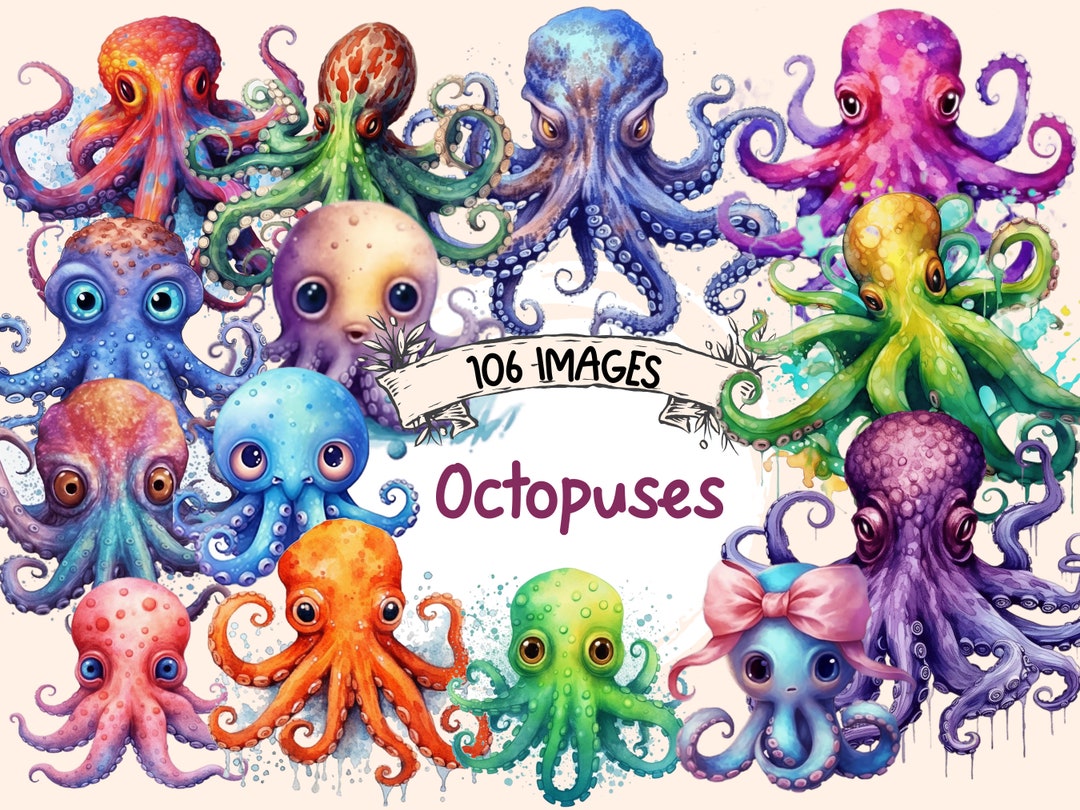 Octopuses Watercolor Clipart Bundle - 106 PNG Octopus Images, Beautiful ...