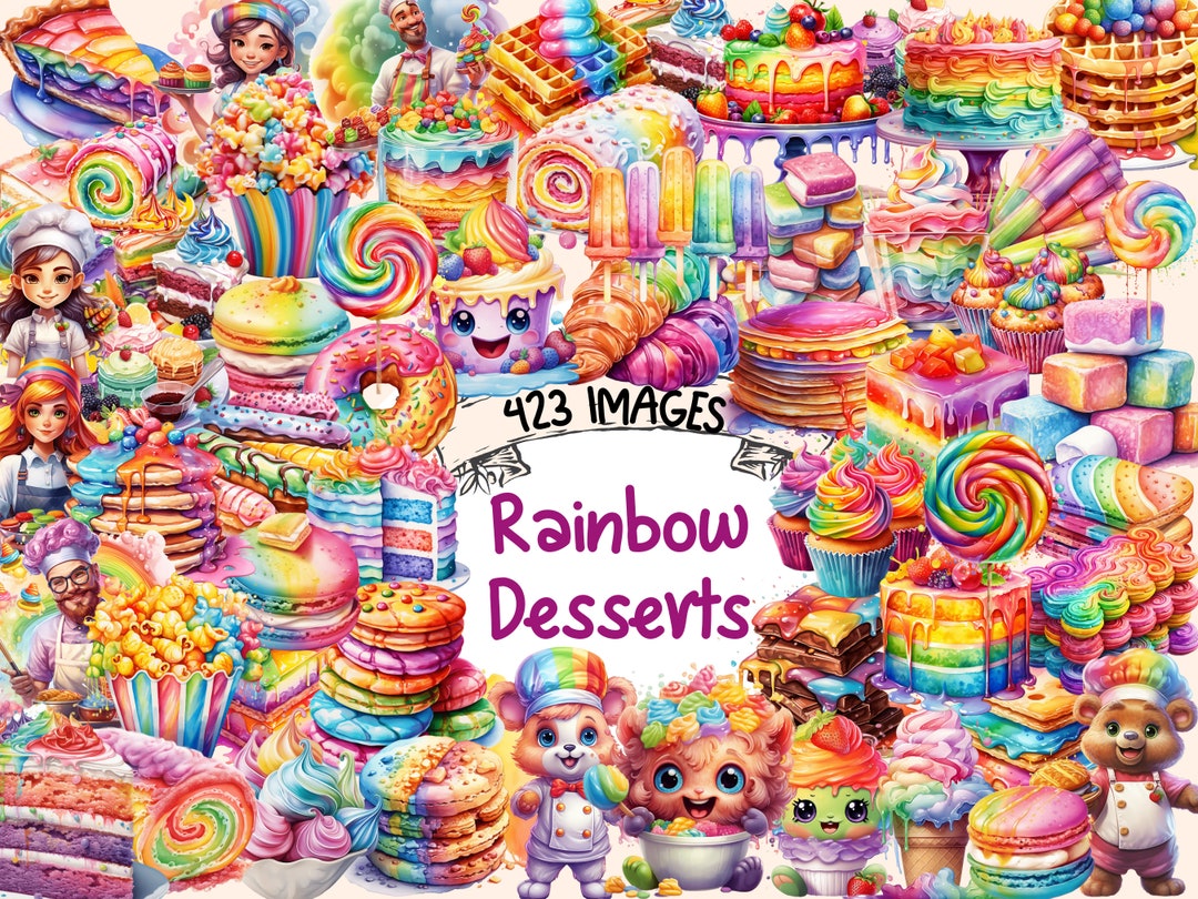 Rainbow Desserts Watercolor Clipart Bundle 423 PNG Colorful Sweet ...
