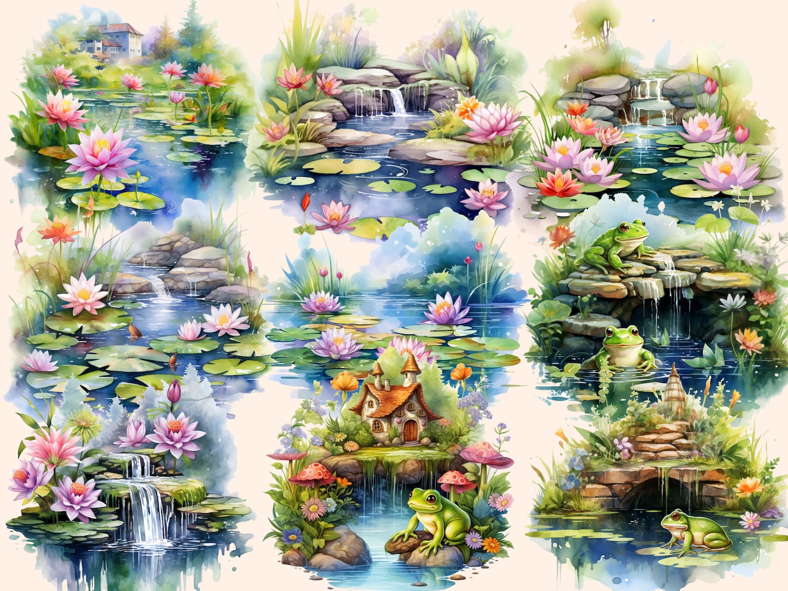 Lily Pond Watercolor Clipart: Frog Pond Graphics (digital Download) - Etsy