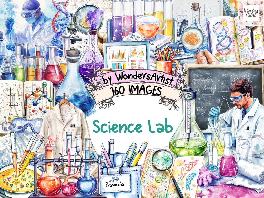 Watercolor Science Lab Clipart Bundle: 160 PNG Chemistry Illustrations ...