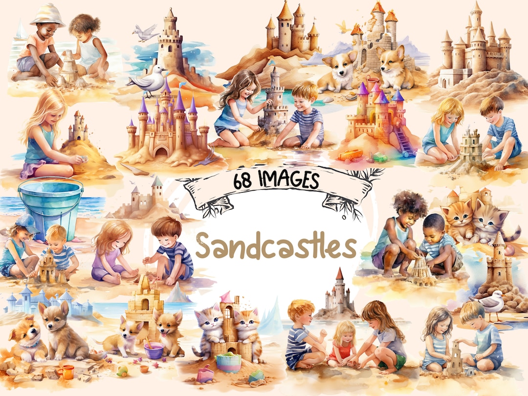 Sandcastles Watercolor Clipart Bundle - 68 PNG Sandcastle Images, Beach ...