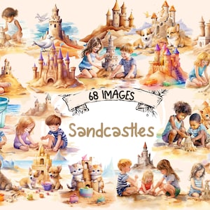 Sandcastles Watercolor Clipart Bundle - 68 PNG Sandcastle Images, Beach ...