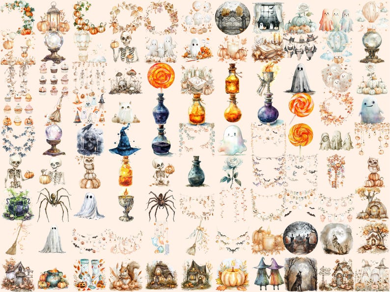 Beige Halloween Watercolor Clipart Bundle: 435 PNG Images (digital ...