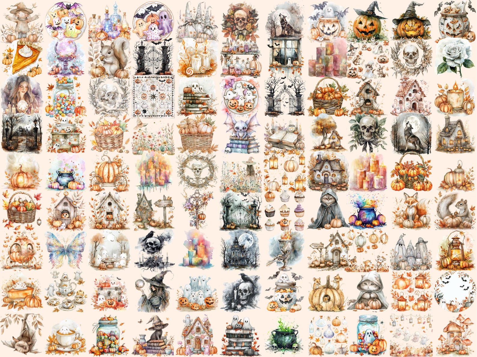 Beige Halloween Watercolor Clipart Bundle: 435 PNG Images (digital ...