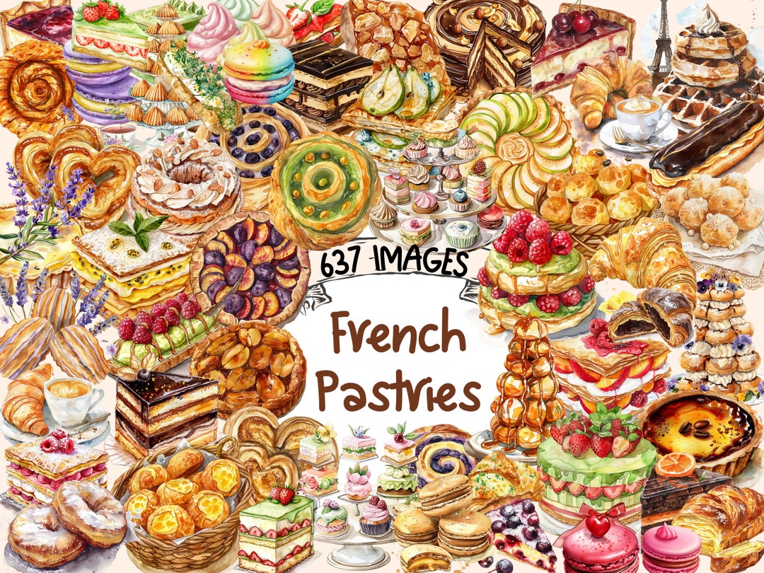 French Pastries Watercolor Clipart Bundle - 637 PNG Gourmet Pastry ...