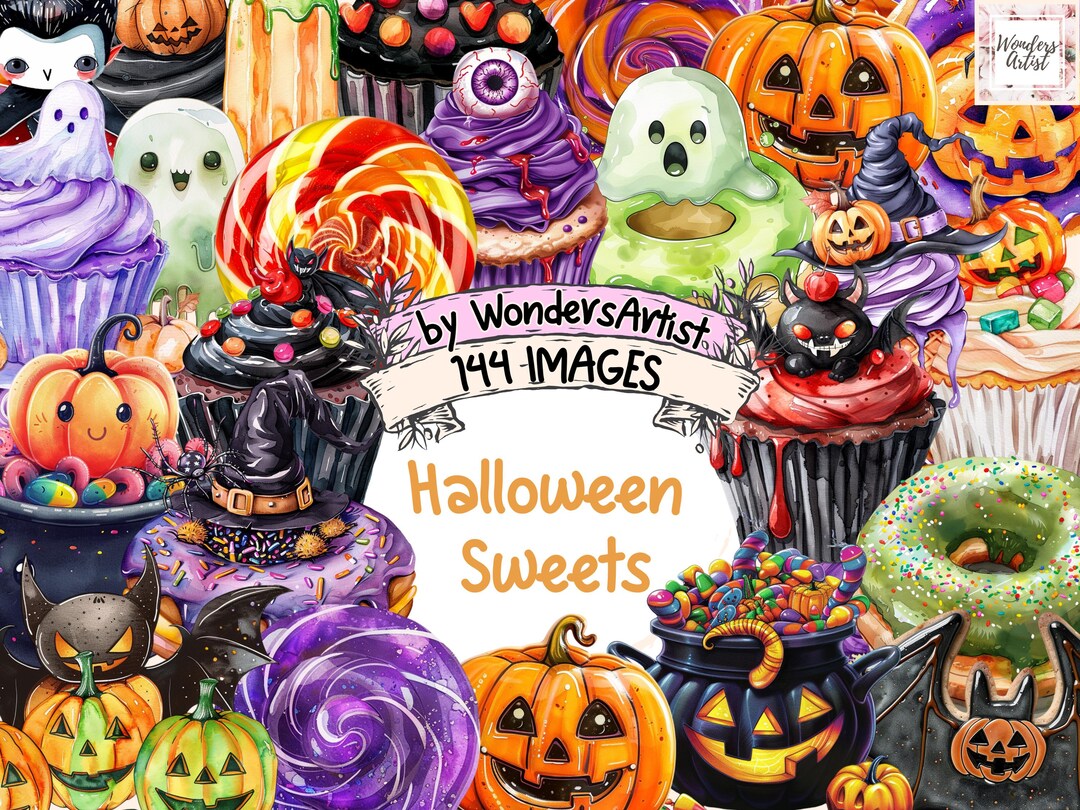 Halloween Sweets Watercolor Clipart Bundle: 144 Spooky Treat Graphics ...