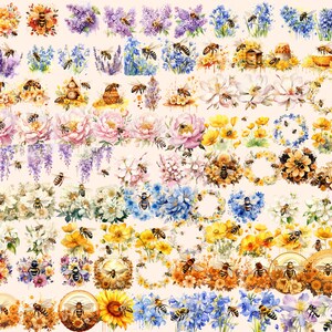 Floral Honeybees Watercolor Clipart Bundle - 388 PNG Flower Bee Images ...