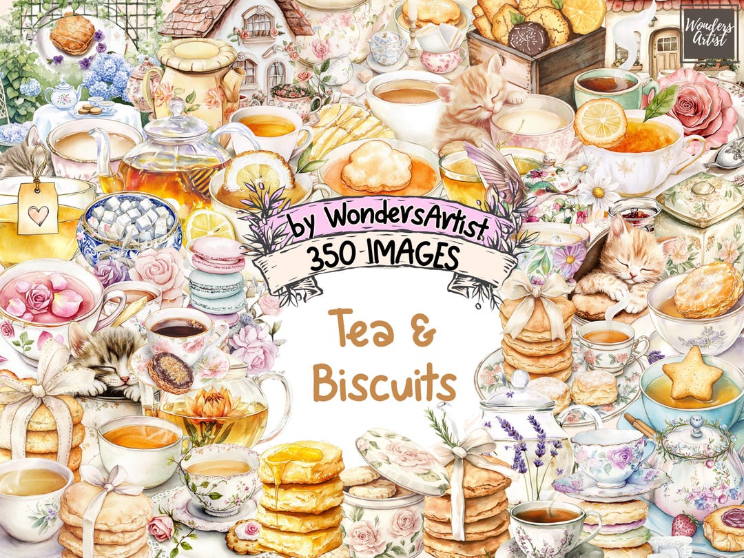 Watercolor Tea & Biscuits Clipart: 350 PNG Vintage Illustrations ...