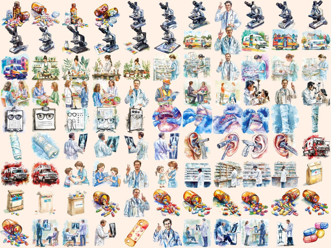 Watercolor Medical Clipart Bundle: 528 PNG Healthcare Graphics (digital ...
