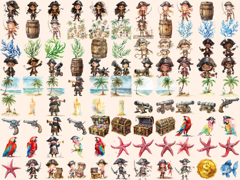 Pirate Adventure Watercolor Clipart Bundle: 341 PNG Images (digital ...