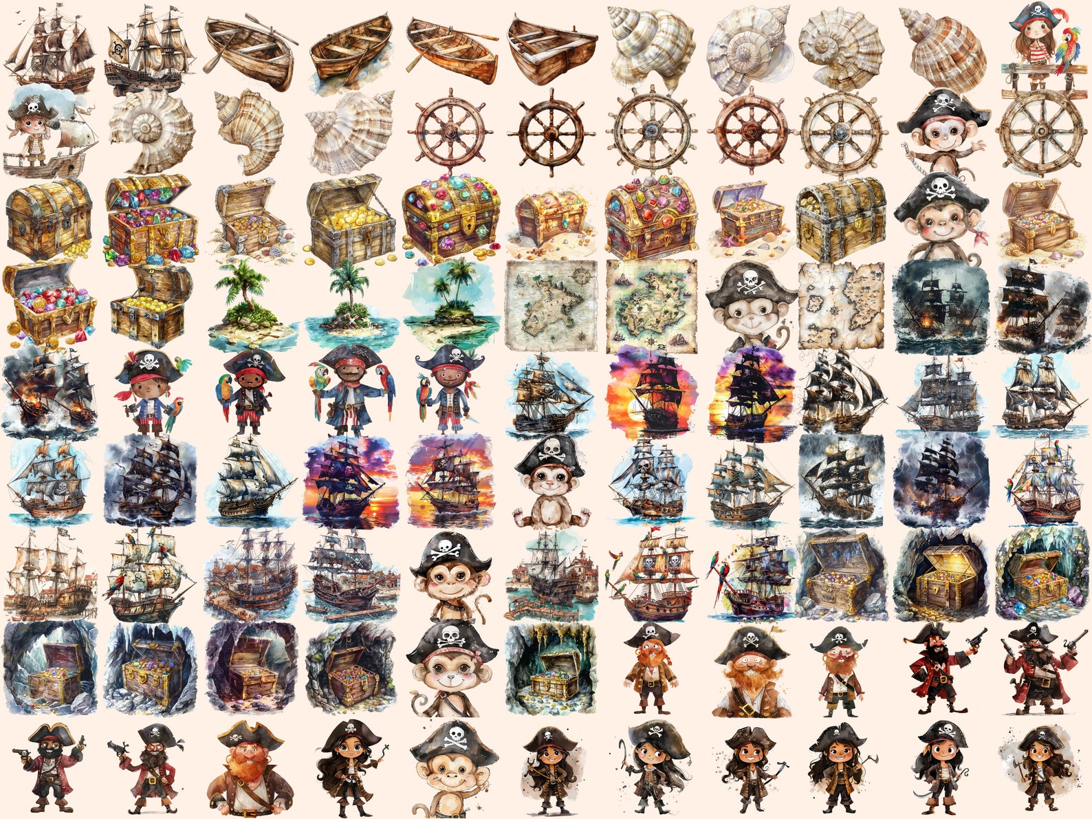 Pirate Adventure Watercolor Clipart Bundle: 341 PNG Images (digital ...