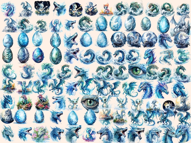 Watercolor Water Dragons Clipart Bundle: 268 PNG Graphics (digital ...