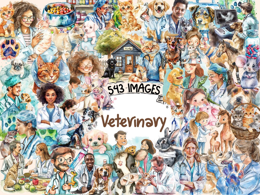 Veterinary Watercolor Clipart Bundle - 543 PNG Animal Doc Healthcare ...