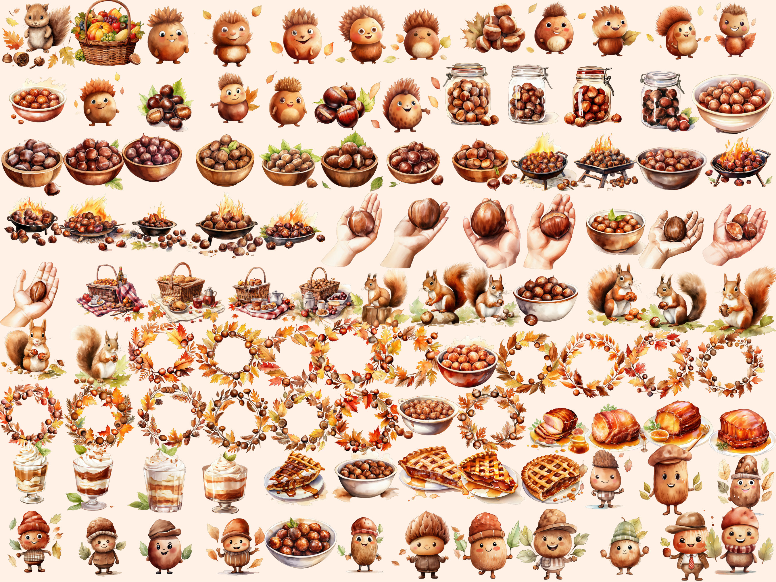 Watercolor Chestnut Clipart Bundle: Autumn Graphics (digital Download ...