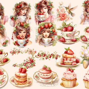 Strawberry Tea Watercolor Clipart Bundle - 123 PNG Cute Teacup Images ...