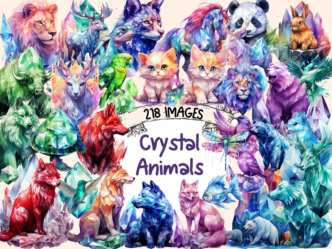 Crystal Animals Watercolor Clipart Bundle - 218 PNG Gem Animal Images ...