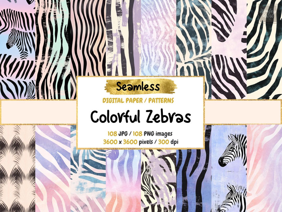 Colorful Zebras Digital Paper | 108 JPG/PNG Patterns | 3600px | 300 DPI ...
