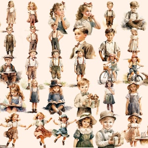 Retro Vintage Kids Watercolor Clipart Bundle - 264 PNG Nostalgic ...