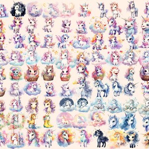 Baby Unicorns Watercolor Clipart Bundle - 585 PNG Cute Little Unicorn ...