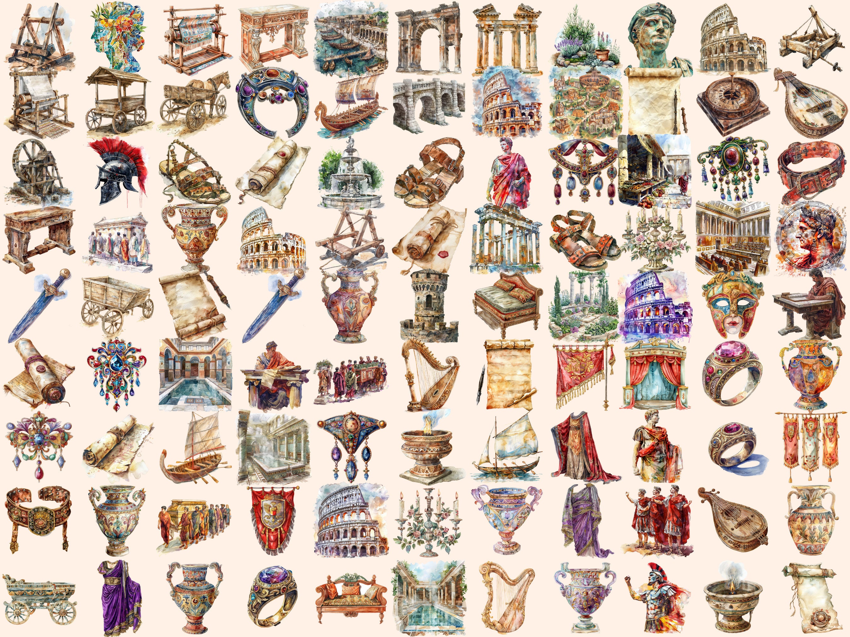 Ancient Rome Watercolor Clipart Bundle: 665 Roman Empire PNG Graphics ...
