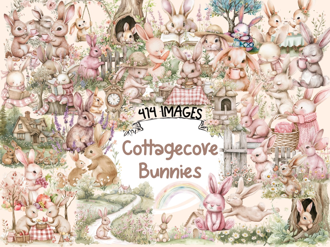 Cottagecore Bunnies Watercolor Clipart Bundle: 414 PNG Images (digital ...