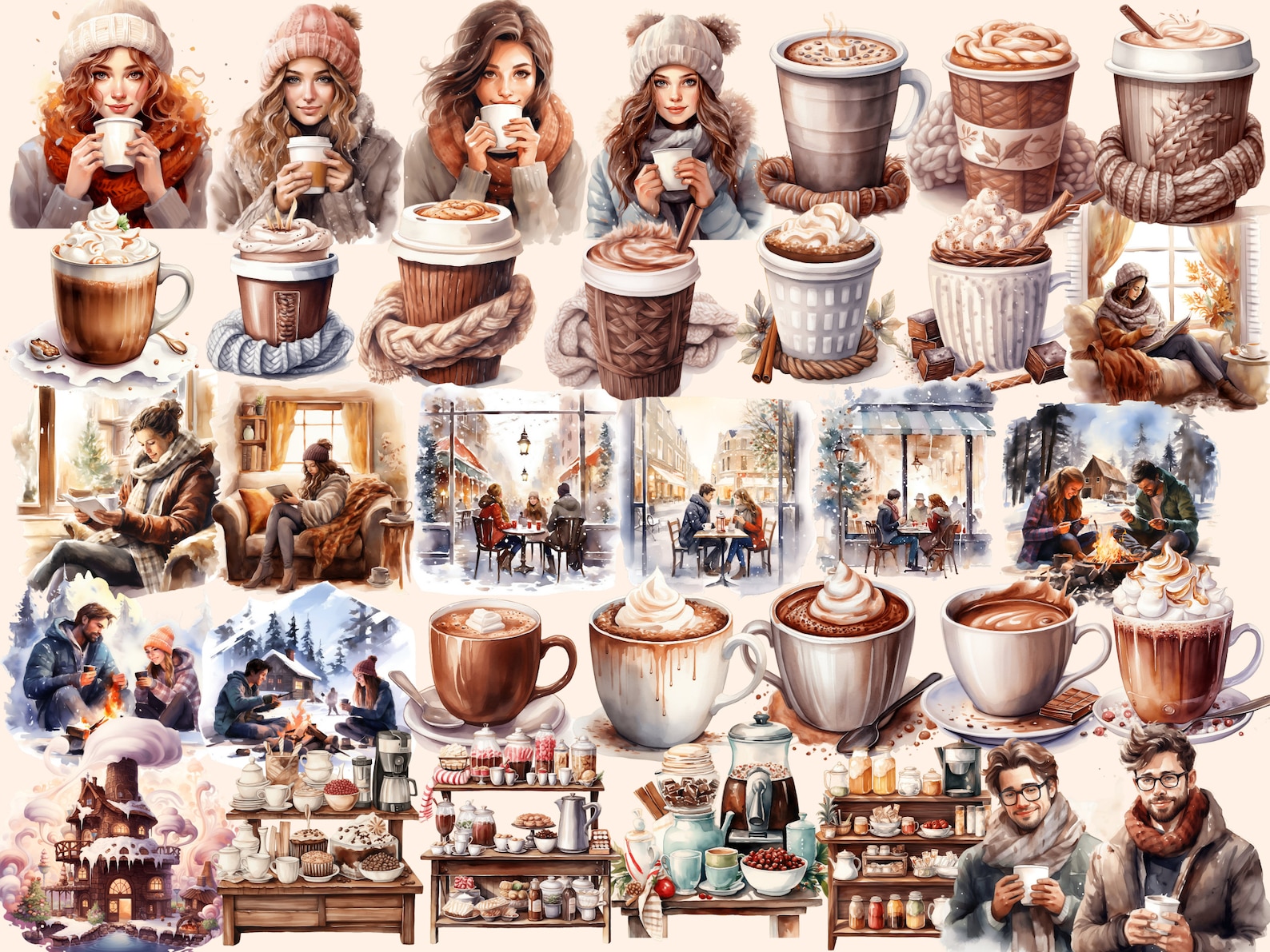 Hot Chocolate Watercolor Clipart Bundle: 384 PNG Cozy Drink Graphics ...