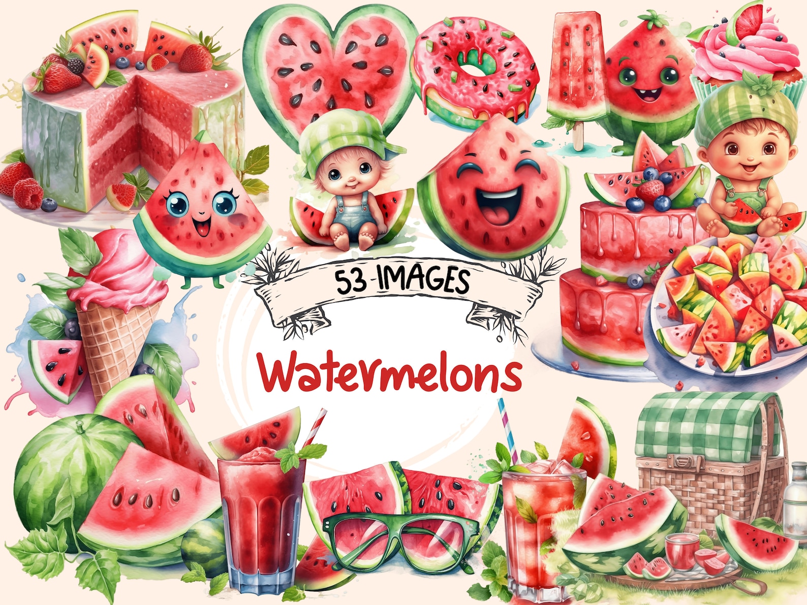 Watermelon Watercolor Clipart Bundle 53 PNG Images of Refreshing Summer ...