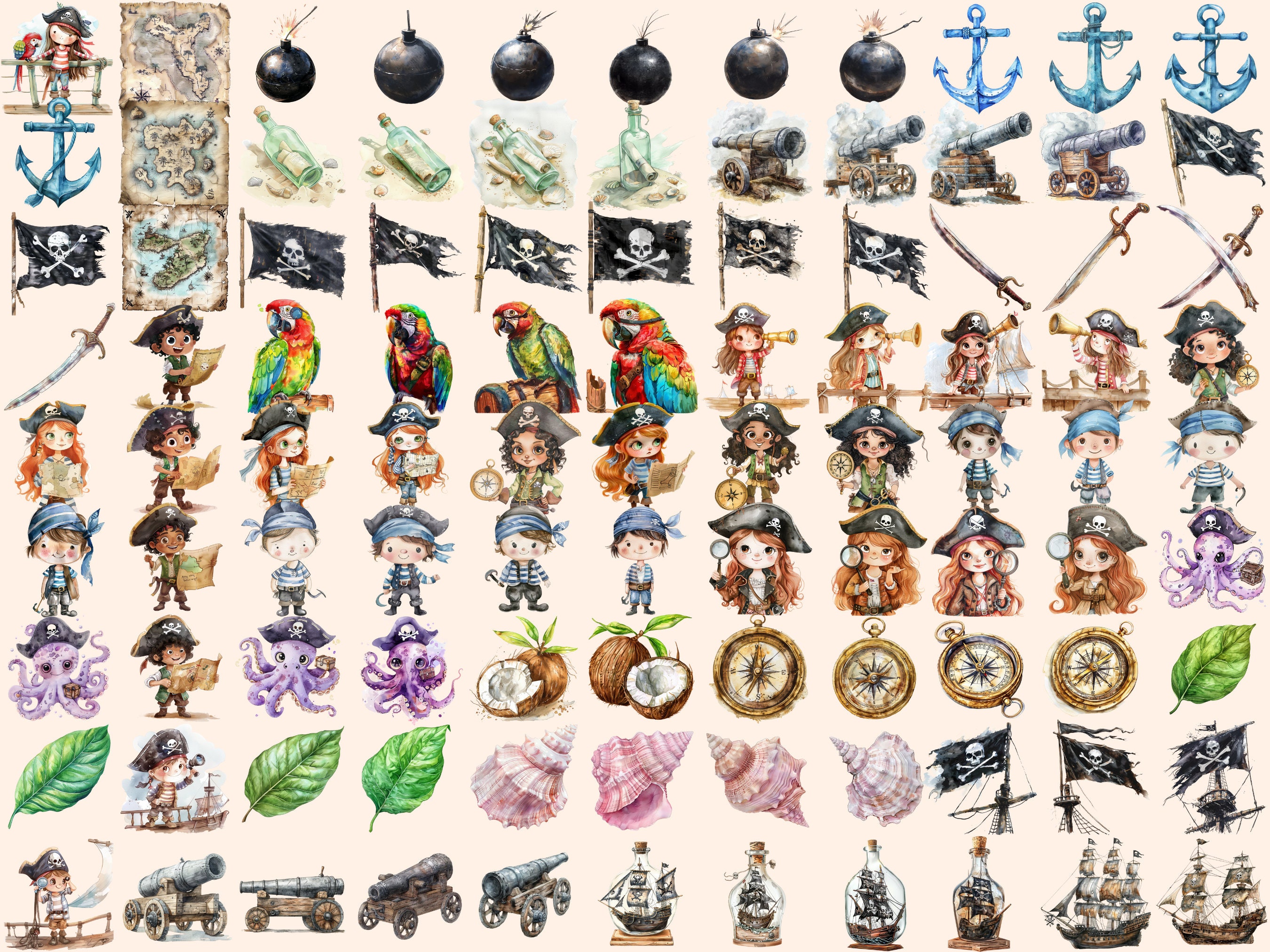Pirate Adventure Watercolor Clipart Bundle: 341 PNG Images (digital ...