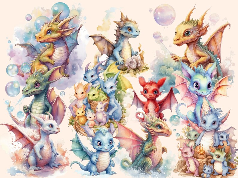 Baby Dragons Watercolor Clipart Bundle 89 Magical Fairytale - Etsy